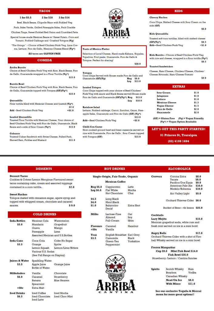 Our Menus | Arriba Cantina